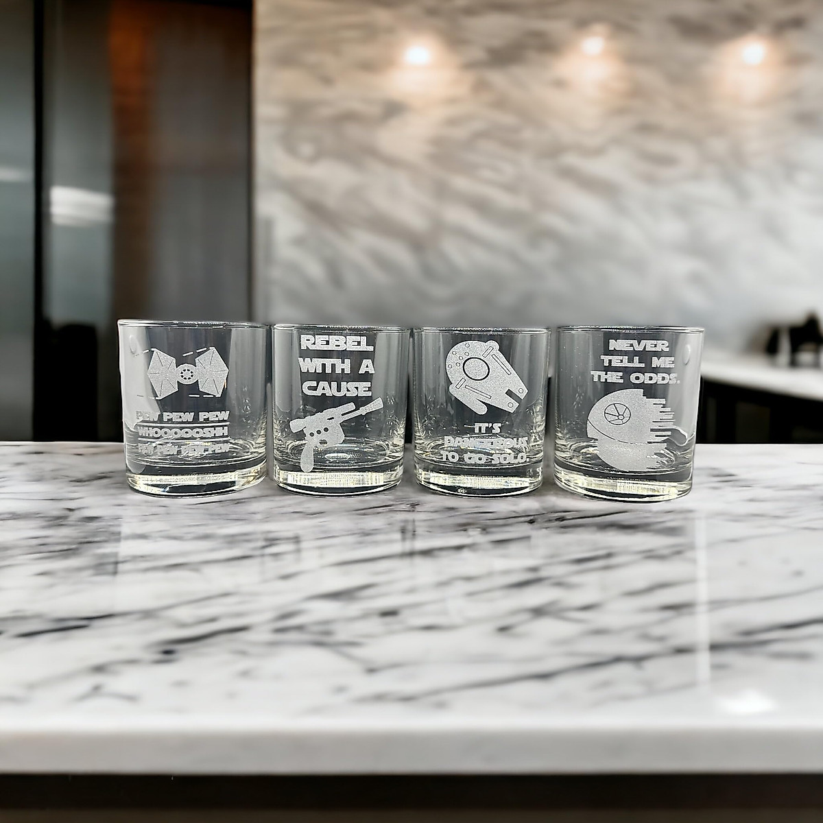Brindle Southern Farms Star SW Drinking Glass Set of 4 Etched Rocks Whiskey Glasses Sci-fi Space Star Noises Wars Whiskey Glass Gift for Adults, Wars Glassware Barware