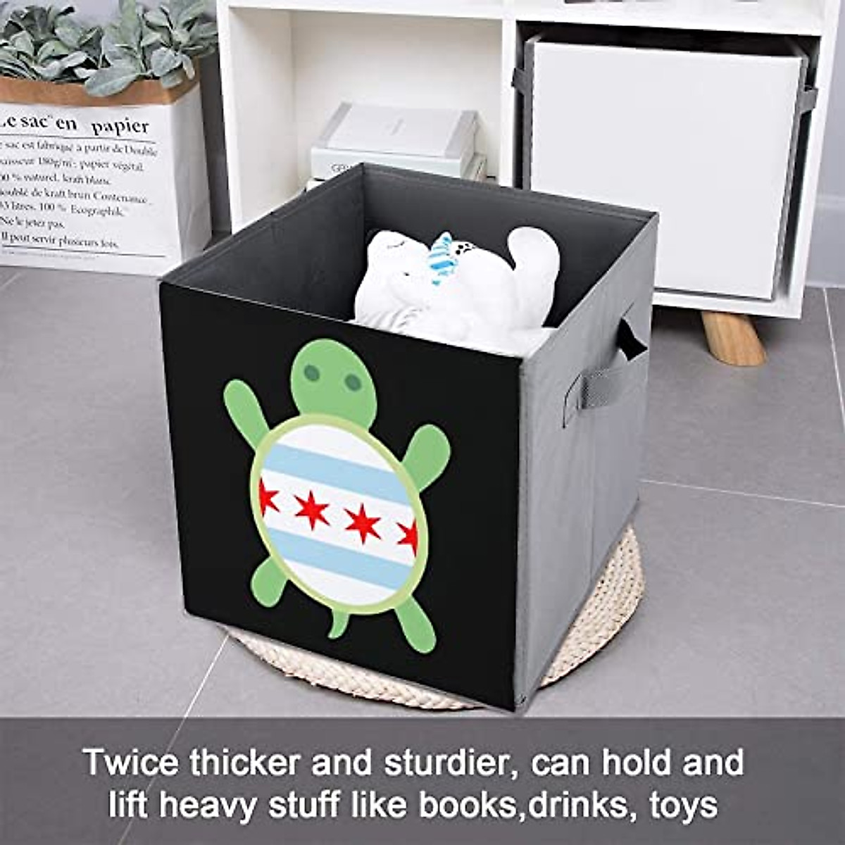 Chicago Flag Turtle Foldable Storage Bins Printd Fabric Cube Baskets Boxes with Handles for Clothes Toys, 11x11x11