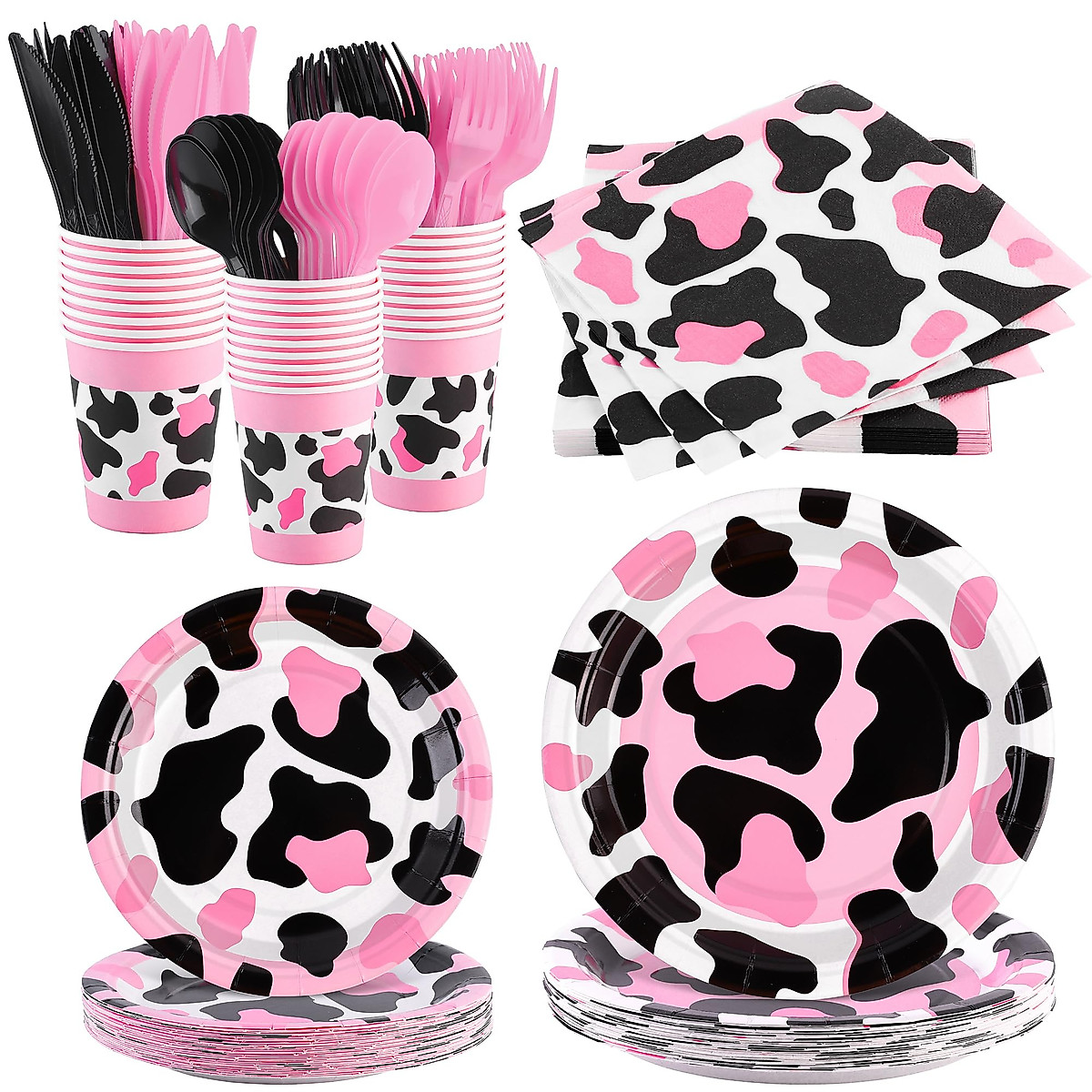 durony 210 Pieces Pink Cow Print Tableware Set Pink Cow Print Party Decorations Paper Plates Cups Napkins Knife Spoons Forks for Cowgirl, Baby Shower, Farm Birthday Party Supplies, Serve 30 Guests