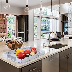 YAMILAN-17 x12 Serving Tray with Gold Polished Metal Handles,Decorative Tray for Coffee Table,Ottoman Tray for Living Room,Modern Elegant Rectangle Leather Trays for All Occasions/White Marble