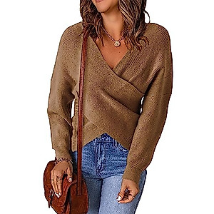KIRUNDO 2023 Fall Winter Women's Long Sleeve Cross Wrap V Neck Knit Sweater Off Shoulder Backless Casual Pullover Tops(Camel, Small)
