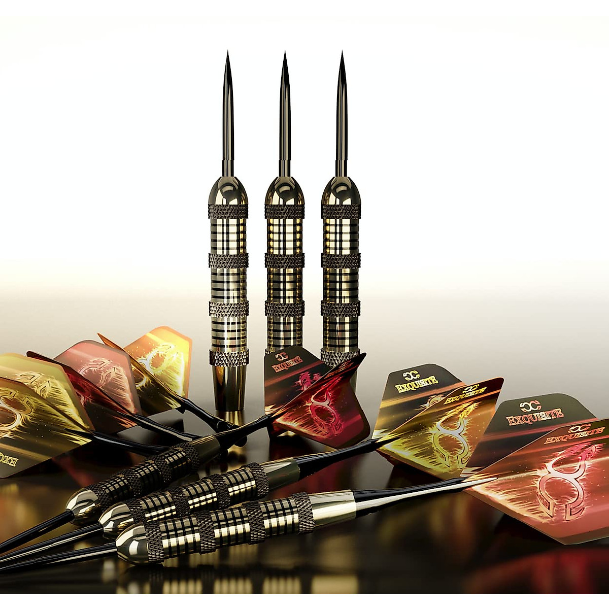 CC-Exquisite Premium Steel Tip Darts Set - Professional Darts, Brass Barrels, Metal Tip Darts, Extra Flights, (12) Aluminum Shafts 35/48, O-Rings, Dart Tool, Dart Sharpener, Darts Case