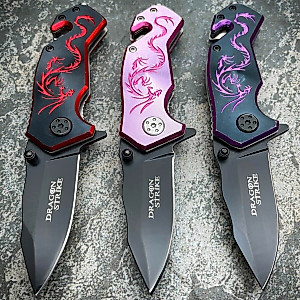6" Fantasy Dragon Rescue Open Folding Pocket Knife Black W/ Purple Outdoor Survival Hunting Knife for Camping by Survival Steel