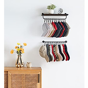 Mkono Hat Rack for Wall with Shelf 24 Baseball Caps Organizer with 12 Hook 12 Clips Wooden Hat Shelf Metal Hat Hanger for Baseball Hats and Accessories Storage, Cowboy Hat Rack for Closet Bedroom