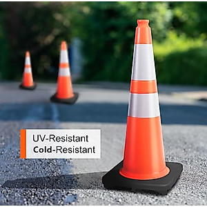 (8 Cones) BESEA 28” inch Orange PVC Traffic Cones, Black Base Construction Safety Cones Road Parking Cone Structurally Stable Wearproof (28" Height)