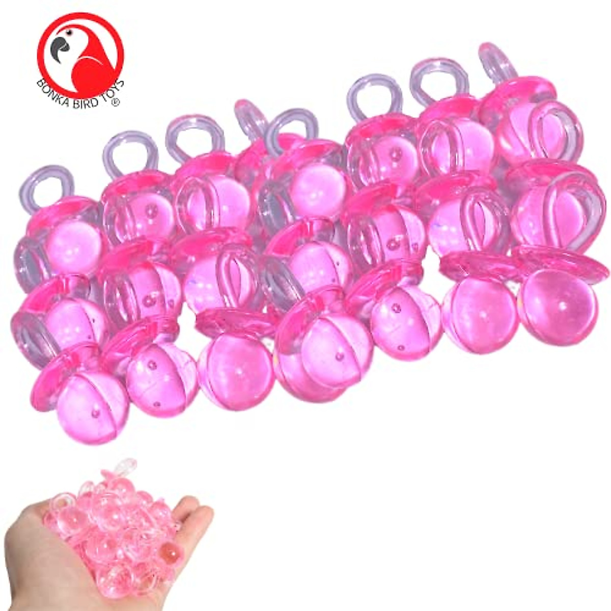 Bonka Bird Toys Blue Pink Yellow Clear Acrylic Pacifiers Foot Talon Craft Part Baby Binkie Shower Decoration Party Small Medium Large Bright Color Durable (Medium 24 Pieces, Pink)