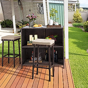Yaheetech 3pcs Patio Bar Set, Outdoor Wicker Bar Furniture with 2 Storage Shelves, Glass Top Table, Removable Cushions and Two Stools for Backyards, Porches, Gardens or Poolside