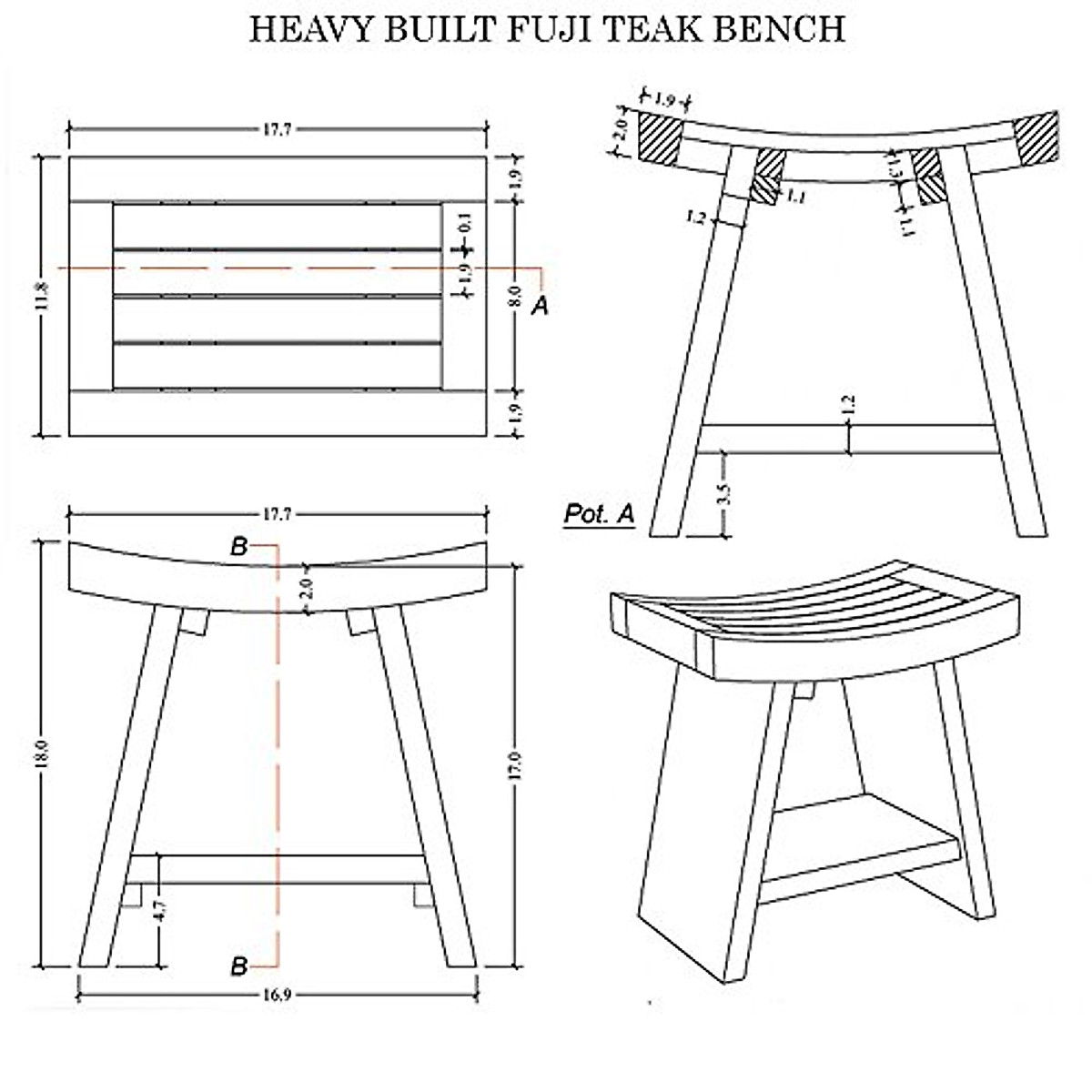 ((Arrive Fully Assembled)) Heavy Fuji I Teak Shower Bench or Pool Side Bench Chair Height Stool with Shelf. No Paint just Teak Oil Applied. by BayviewPatio