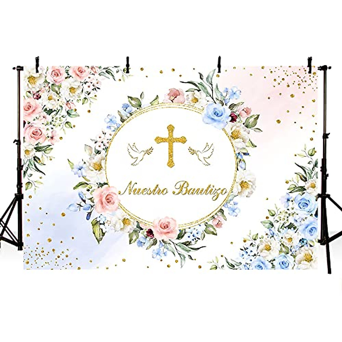MEHOFOND 7x5ft Nuestro Bautizo Backdrop for Boys and Girls Pastel Pink Blue Floral Baptism First Holy Communion Photography Background Gold Cross Peace Doves Christening Photo Banner