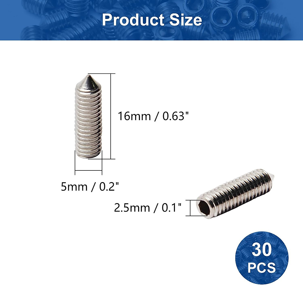 MroMax 30Pcs M5 x 16mm Tip Set Screw, 304 Stainless Steel Internal Hex Allen Head Drive Cup Point Screws Silver Cone Point Socket Grub Screws for Towel Rack Door Knob
