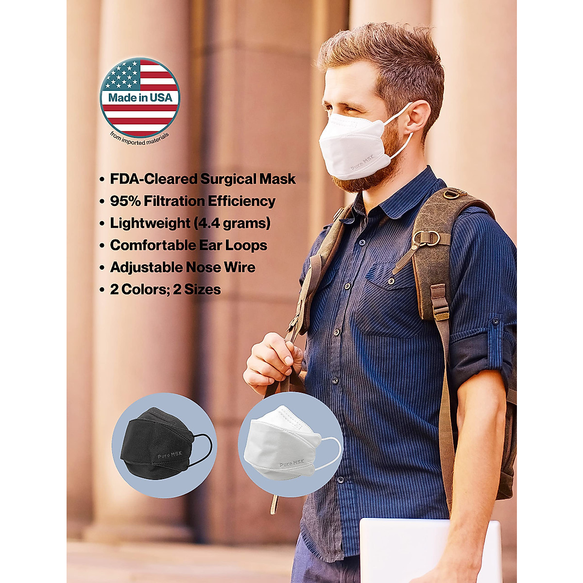 PureMSK Breathable Face Mask for Travel. Proprietary Filter Technology - Made in USA.