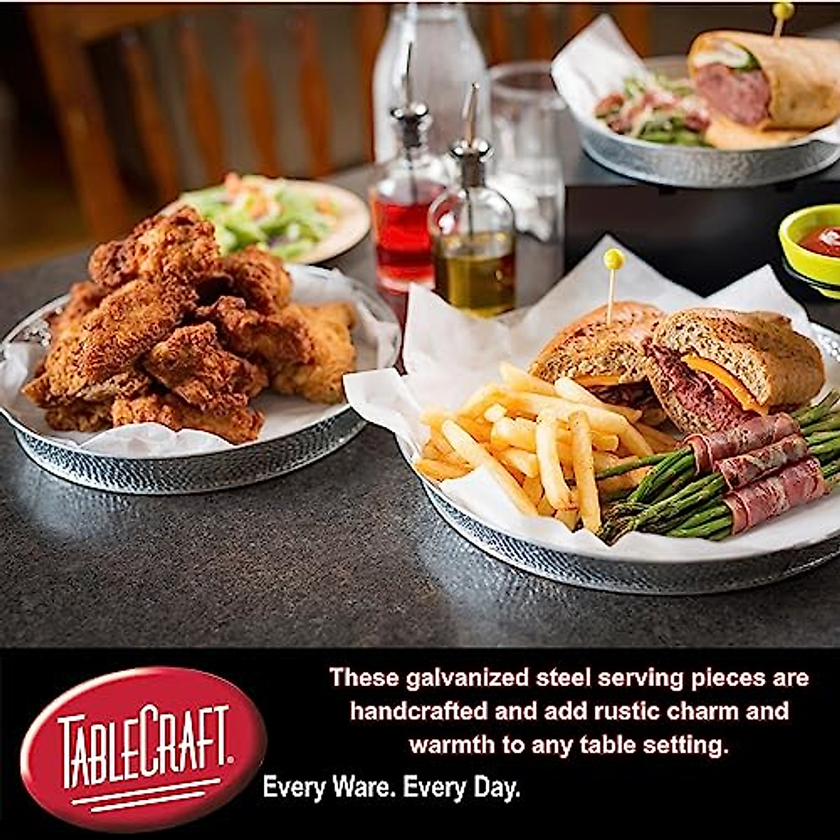 Tablecraft Galvanized Round Serving Tray, Steel Metal Dinner Food Platter, Silver Pebble Textured, Casual Rustic Style Plate for Restaurant, Patio, Indoor and Outdoor Use, Reusable, Unbreakable, 8.5"