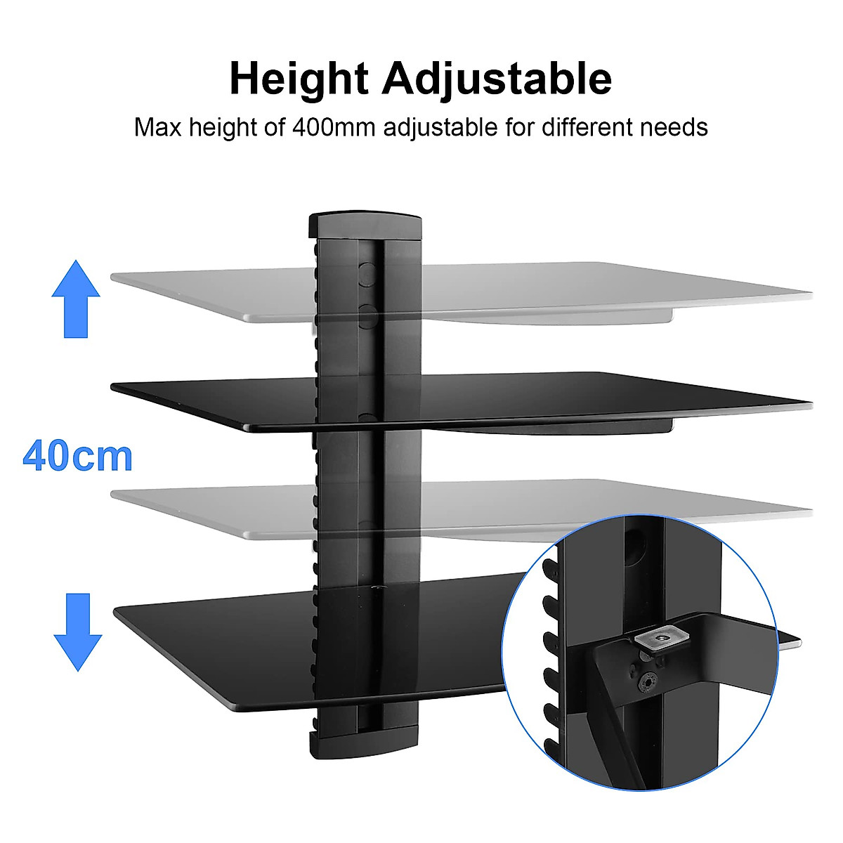 suptek Glass Floating Shelves, TV Wall Mount with Shelf for DVD Player / PS4 / Cable Boxes/Game Consoles/Sky Box/TV Accessories, Media Shelf, Flat Black Wall Mount Bracket, AV Shelf, 2 Tiers Shelves