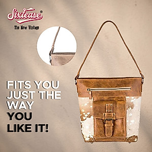 SIXTEASE Womens Shoulder Bag Vintage Style Shoulder Bags for Women - Made with Genuine Leather, Upcycled Canvas, or Hair On - Handmade, Adjustable Strap, Brass and Zinc Hardware - Tan Gold