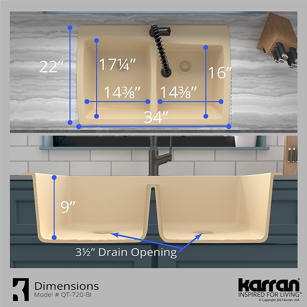 Karran QT-720 Drop-In Quartz Composite 34 in. 1-Hole 50/50 Double Bowl Kitchen Sink Kit in Bisque