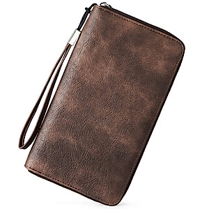 BROMEN Womens Wallet RFID Blocking Large Capacity Wristlet Phone Holder Zip Around Leather Clutch Purse Retro Coffee