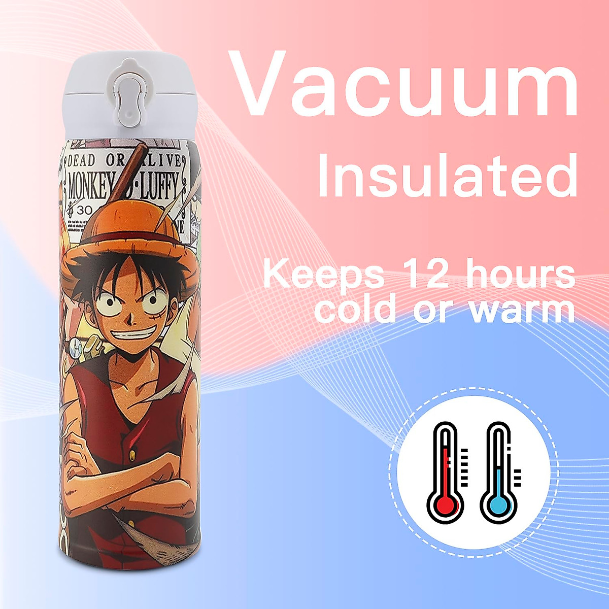 CNEISEJK Anime Piece Water Bottle, Vacuum Insulated Cosplay Zoro Luffy Stainless Steel 16.9oz Cup Thermoses with Locking Cover Leak-Proof Design (WB-Hzw A 2403), 500ML
