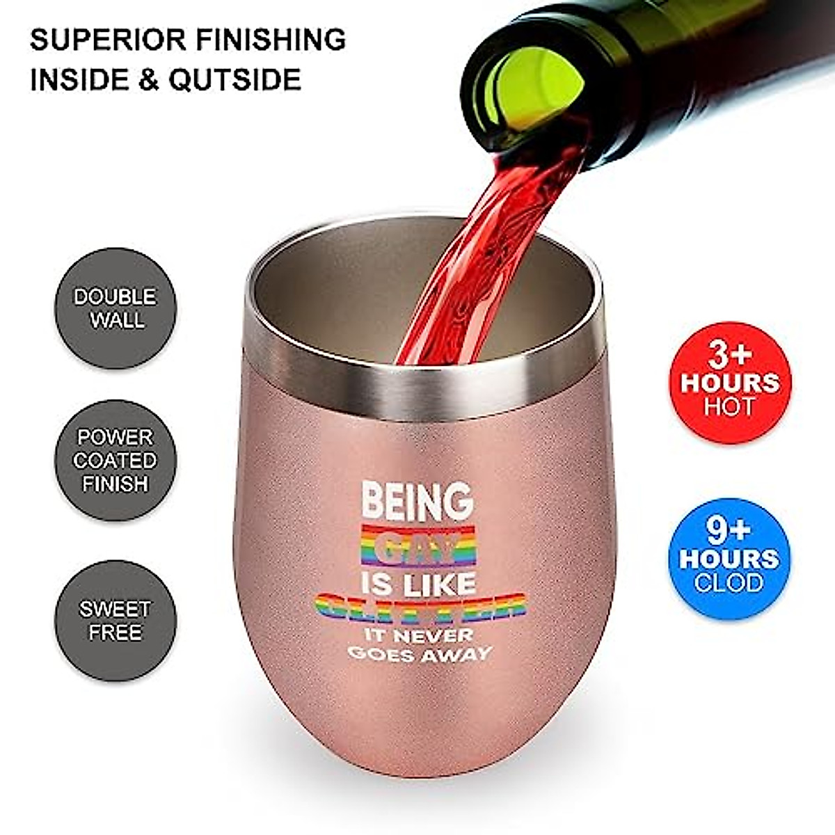 Mighun Being Gay Is Like Never Goes Away Wine Tumbler with Lid, Pansexual Bisexual LGBTQ Vacuum Coffee Tumbler, Gay Pride Stemless Insulated Wine Glasses Cup for Champaign, Cocktail, Beer