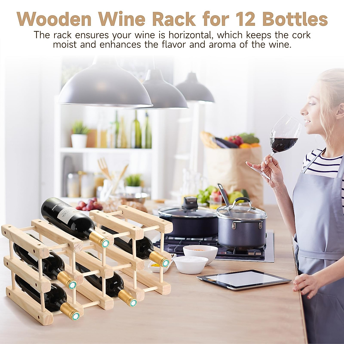 12-Bottle Stackable Wooden Wine Rack, Modular Wine Racks Storage Shelf, Small Wine Bottle Organizer for Inside Cabinet and Countertop (Assembly Needed)