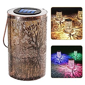 MerKioo Lantern Solar Lights Outdoor, Color Changing/Warm White Hanging Garden Solar Lanterns Retro Metal Tree Decor Solar Lights Waterproof for Yard Table Patio Party (1 Pack, RGB/WW)