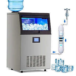 Commercial Ice Maker, 100lbs/24H, Ice Maker Machine, 50 Ice Cubes in 8-15 Minutes, Freestanding Cabinet Ice Maker with 33lbs Storage Capacity for Bar Home Office Restaurant, 2 Water Inlet Modes