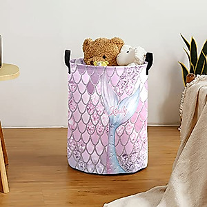 Mermaid Glitter Scales Personalized Laundry Basket Clothes Hamper Storage Handle Waterproof, Custom Laundry Round Collapsible Capacity for Bedroom Bathroom Toy Decoration