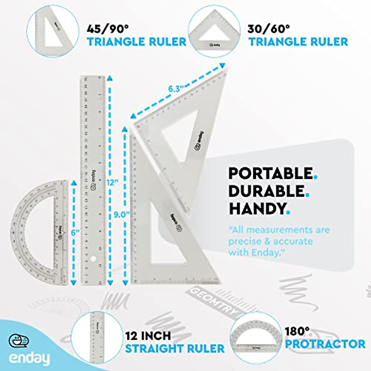 Geometry Plastic Ruler Set, Clear 12 inch/ 30 cm Straight Ruler, Triangle Rulers, Protractor Ruler Tool Set, Transparent School and Office Supplies Math Rulers for Kids and Adults, Set of 4 – By Enday