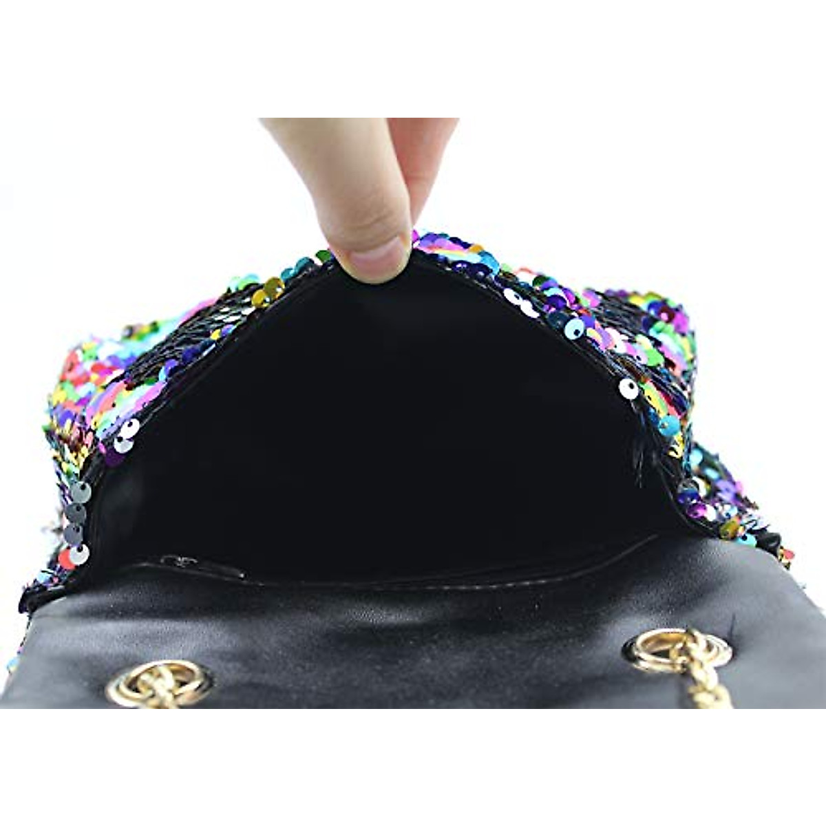 Women Sequin Crossbody Purse Shoulder Bag Rainbow Reversible Pouch with Chains