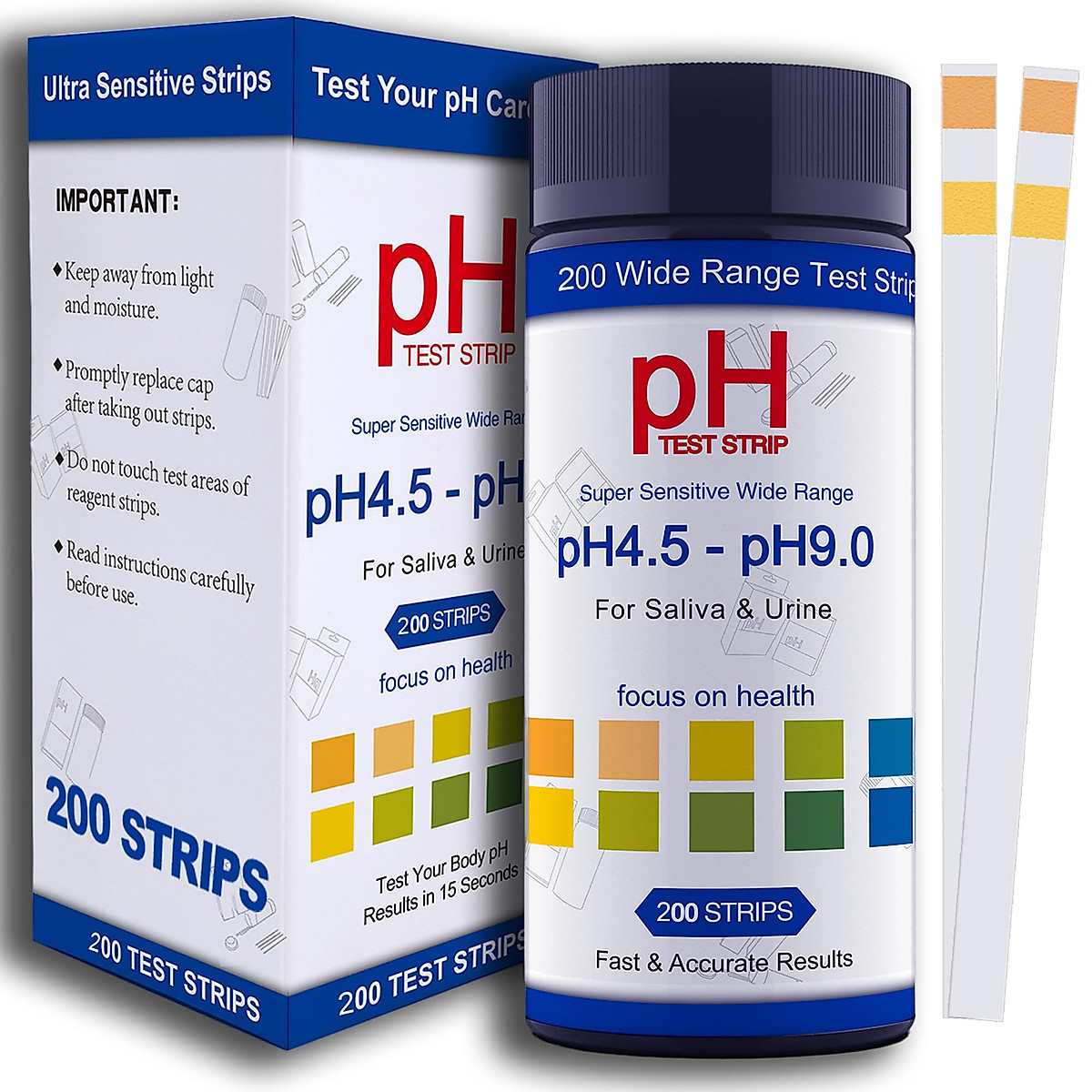 PH Test Strips for Urine & Saliva - 200ct Urine PH Test Strips for Humans, Fast & Accurately Track & Monitor Your pH Level (4.5-9.0ppm) in Seconds, Quick & Easy to Test Alkaline & Acid Levels in Body