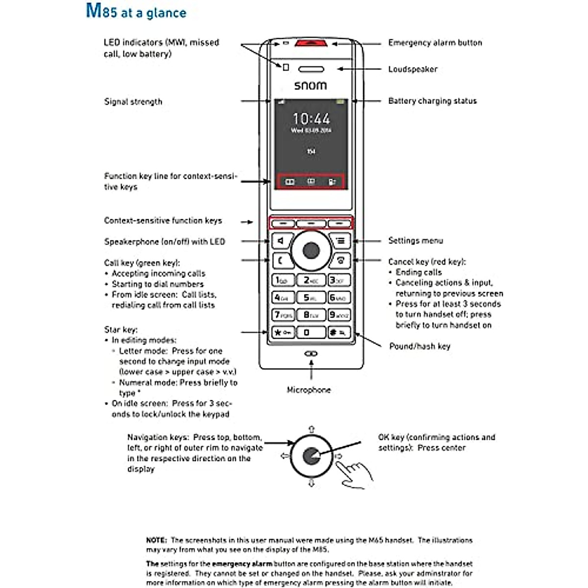 Snom M65 Professional DECT-Mobilteil (250 Stunden Standby, 2 Zoll 176 x 220 Pixel TFT, SW OTA-Upgrade, Vibrationsalarm, Gürtelclip, beleuchtete Tastatur), Schwarz, 00003969