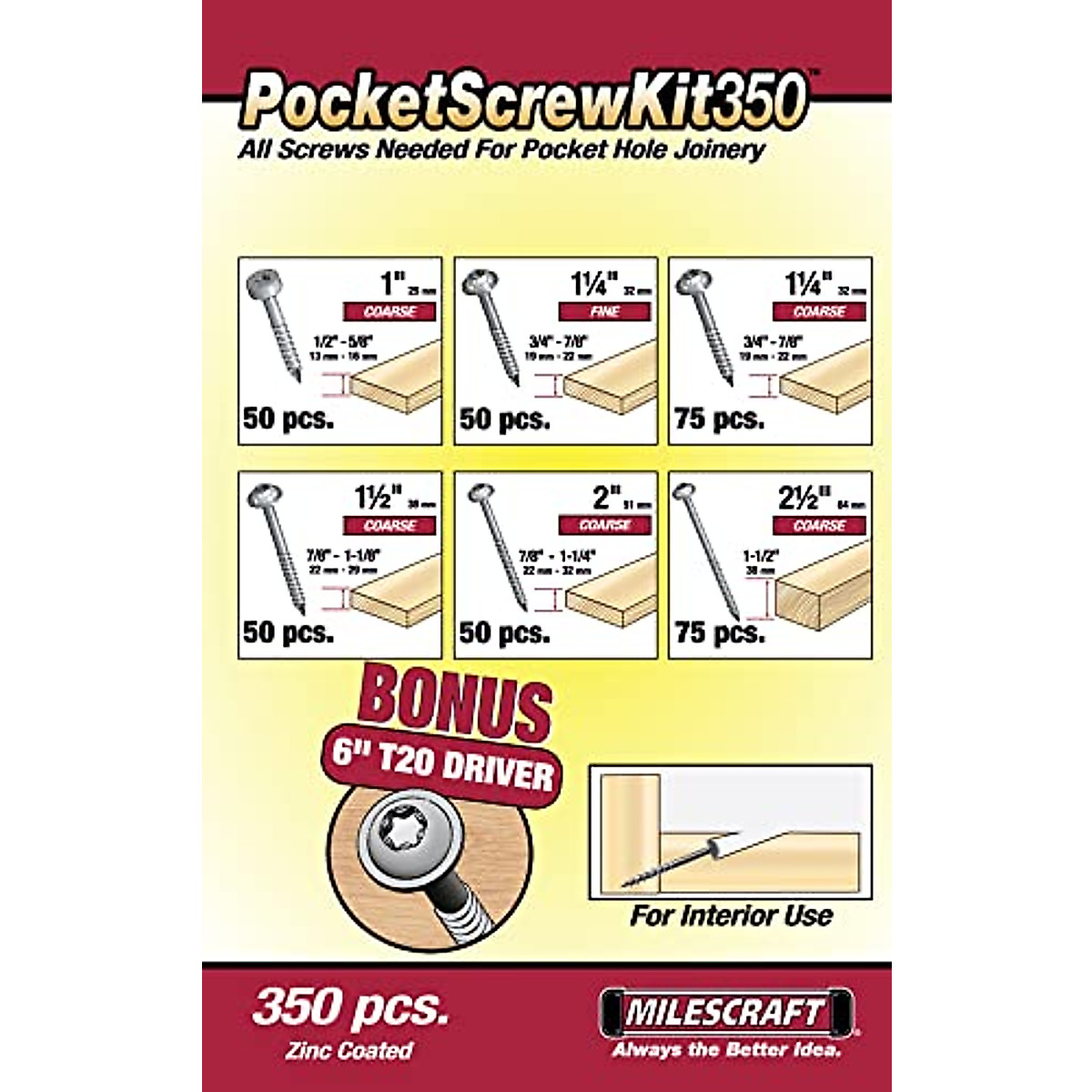 Milescraft 5209 Pocket Screw Kit 350- T20 Star Head Pocket Hole Screw Kit (350-Pieces)- 6 Sizes + Bonus 6inch Magnetic Driver Included-All Screws Needed for Pocket Hole Joinery