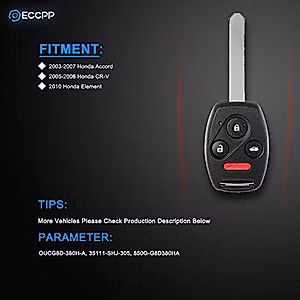 ECCPP Uncut 313.8MHz Keyless Entry Remote Key Fob Ignition Key Fob for Honda Accord CR-V Element OUCG8D-380H-A (Pack of 2)