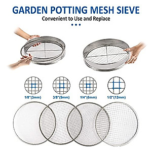 YaeCCC Garden Potting Mesh Sieve Sifting Pan - Stainless Steel Riddle - Mix Soil Filter - with 4 Interchangeable Mesh Sizes (Approx 1/8", 1/4", 3/8", and 1/2")