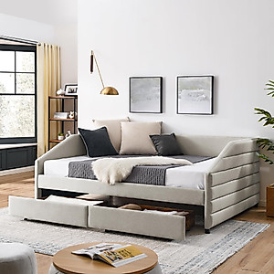 OMGO Linen Upholstered Queen Size Daybed with Two Storage Trundle Drawers, Solid Wooden Sofa Bed Frame w/Tufted Decorate, No Box Spring Needed, Space-Saving Design