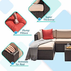 Flamaker 5-Piece Patio Furniture Set - Outdoor Wicker Sectional Sofa with Thick Cushions & Tempered Glass Table - Ideal for Deck, Porch, Terrace (Beige)