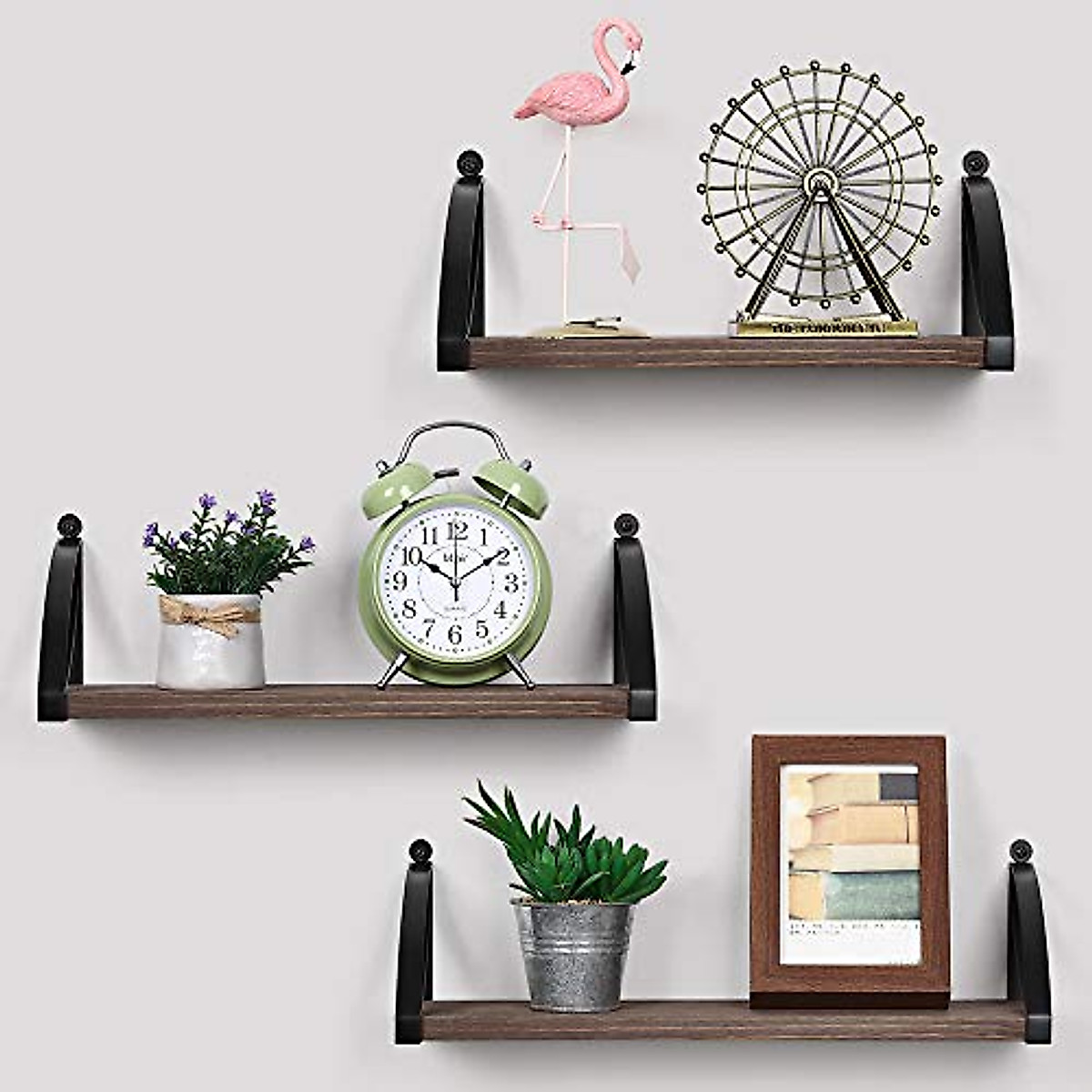 SHINOSKE Floating Shelf, Natural Wood Floating Shelves 3-Piece Set, Decorative Storage Shelves with Metal Brackets, Suitable for Living Room, Bathroom, Kitchen, Study(Brown)