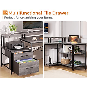 ODK L Shaped Desk with File Drawer, 66" Reversible L Shaped Computer Desk with Power Outlet & LED Strip, Office Desk with Storage Shelves, Gaming Desk with Monitor Shelf, Corner Desk, Grey Oak