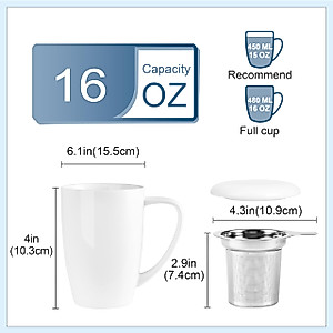 LOVECASA 16 OZ Tea Mug with Infuser and Lid, Tea Infuser Mug with Handle Ceramic Mug with Filter for Tea, Milk, Coffee, Loose Leaf Tea Infusers, White