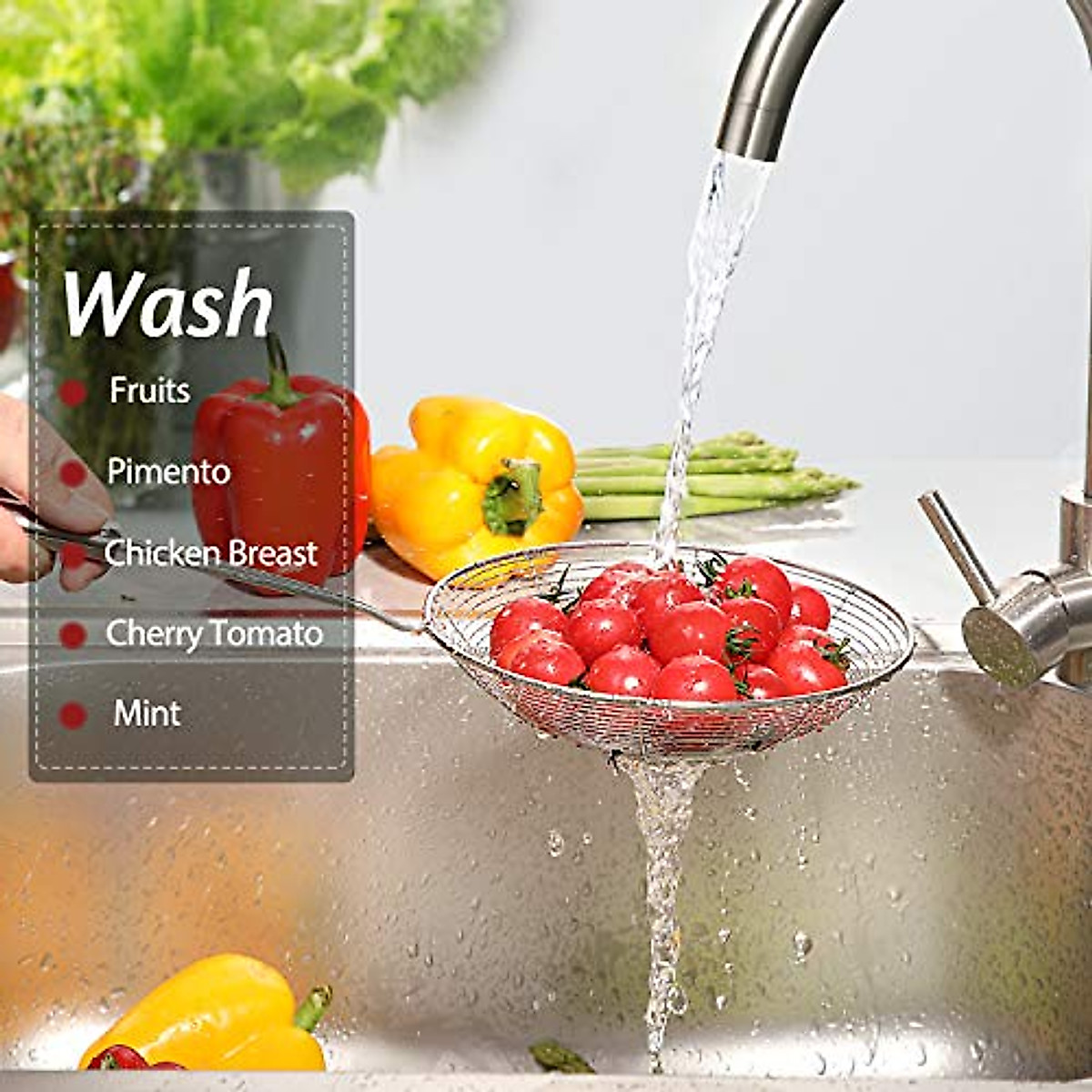 Hiware Extra Large Spider Strainer Skimmer Spoon for Frying and Cooking - Set of 3 Stainless Steel Wire Pasta Strainer with Long Handle, Professional Kitchen Skimmer Ladle - 13.8", 15" & 16.4"