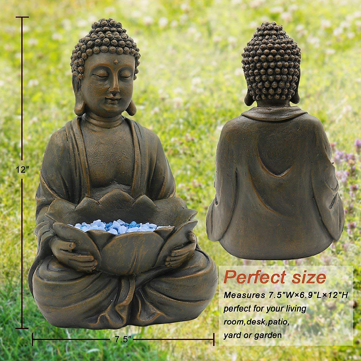 Goodeco 12" Meditating Buddha Statue Figurine w/Lotus - Zen Garden Statues for Indoor/Outdoor Decor- with Magical Glow in Dark Pebbles & Glass Stones, Ideal Gifts for Home (Brown)