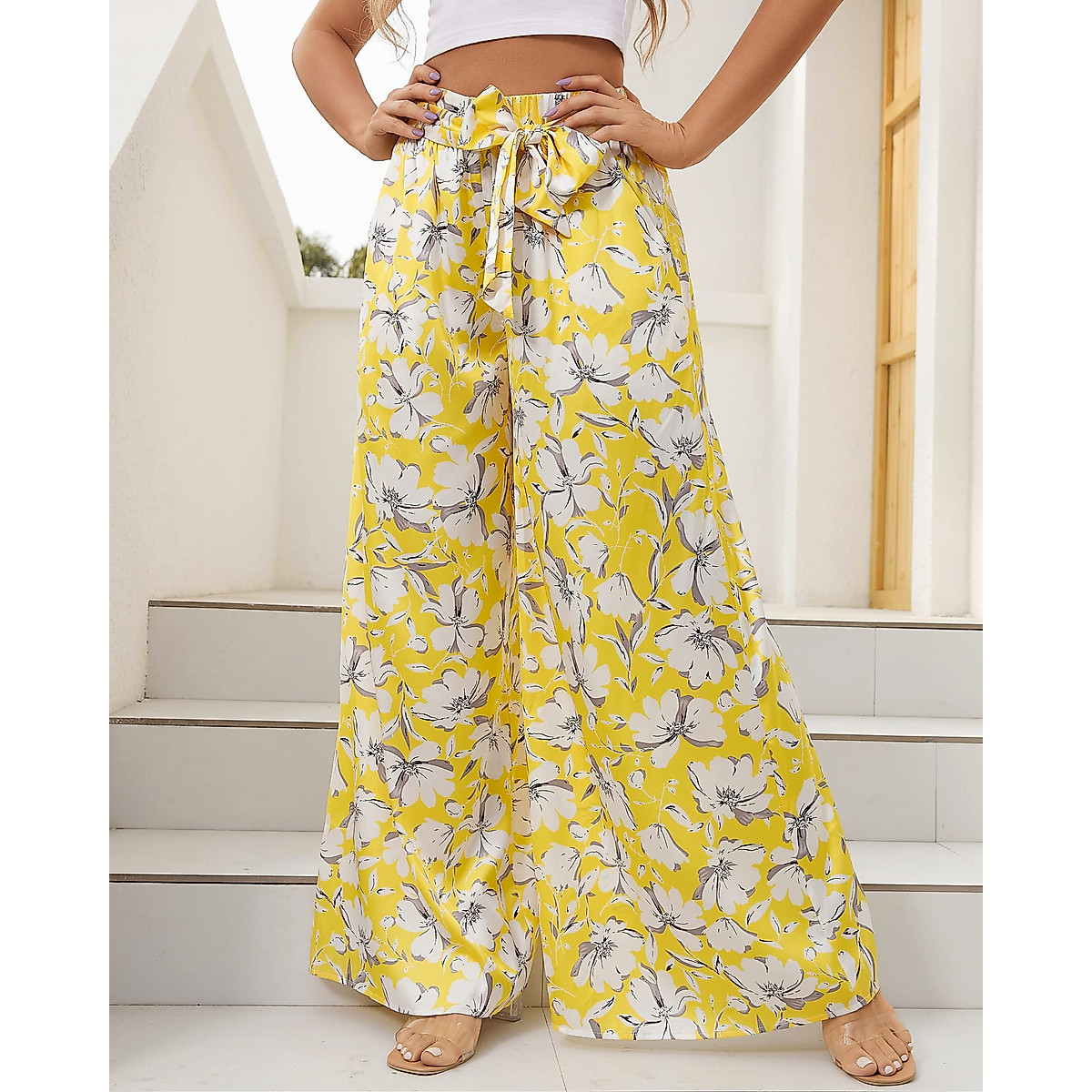 QIANXIZHAN Women's Wide Leg Pants, High Waisted Palazzo Pants Dressy Summer Flowy Casual Lounge Work Dress Pants Trousers Yellow Flower XL