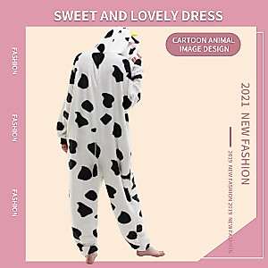 COSUSKET Fit Unisex Adult Cow Onesie Pajamas, Halloween Womens Cosplay Animal One Piece Costume (White/Black, Medium)