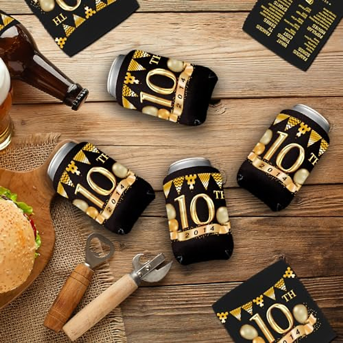 10th Birthday Can Cooler Sleeves Pack of 12, 10th Anniversary Decorations, 2013 Sign Back in 2013 old time information, Black and Gold 10th Birthday Cup Coolers