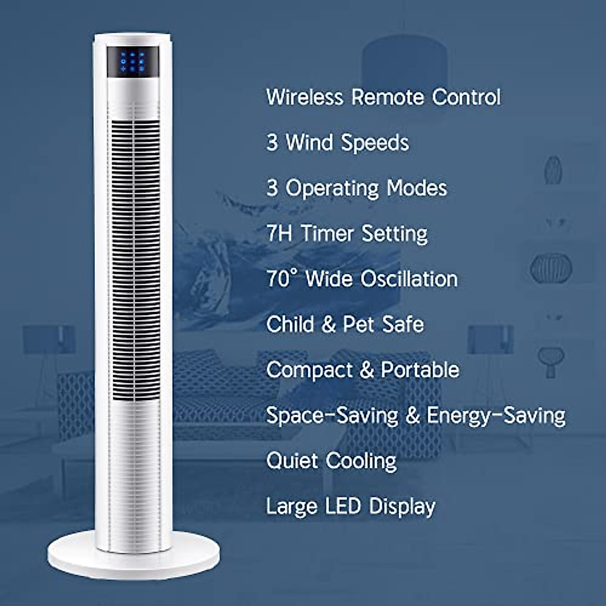AKIRES 35” 70° White Oscillating Tower Fan 7H Timer,3 Speeds,3 Modes,Portable Electric Quiet Cooling Fan Standing Bladeless Floor Fans with Remote and LED Display for Office,Bedroom, Living Room