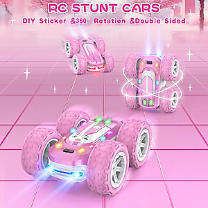 Pink Remote Control Car for Girls, RC Cars for Kids with DIY Sticker & Colorful Lights, 2.4Ghz Double Sided 360° Flips 4WD Stunt Car, Rechargeable Toy Cars for Girl Ages 4-6 5-7 6-8 8-12 Birthday Gift