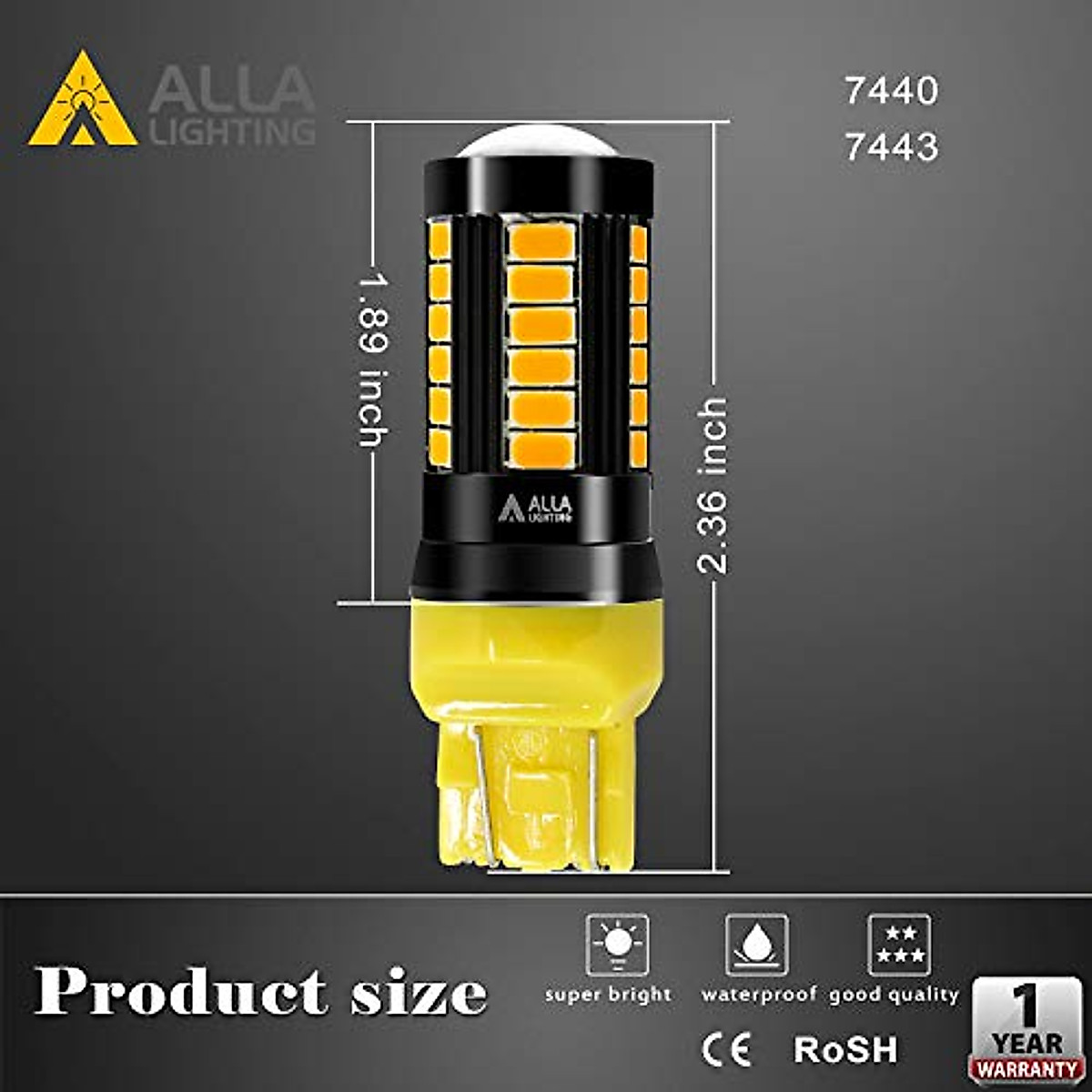 Alla Lighting 2800lm 7440 7443 LED Turn Signal Lights Bulbs, Amber Yellow T20 7440NA 7444NA 7442NAK WY21W 7443NA 992 Blinker Lamps Replacement Xtreme Super Bright 12V 5730 33-SMD Dual Filament