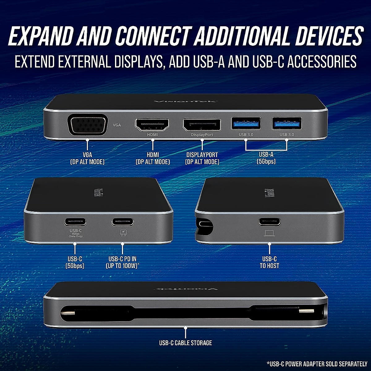 VisionTek VT210 Portable USB-C Dual Monitor Hub - 1x DP, 1x HDMI, 1x VGA, 2X USB-A Ports, 1x USB-C for Windows/MacOS/ChromeOS/iOS