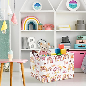 Clastyle Boho Pink Purple Rainbow Storage Baskets Rectangular Sun Heart White Shelf Basket with Handle Clothes Books Toys Storage Bin for Bedroom Kindergarten