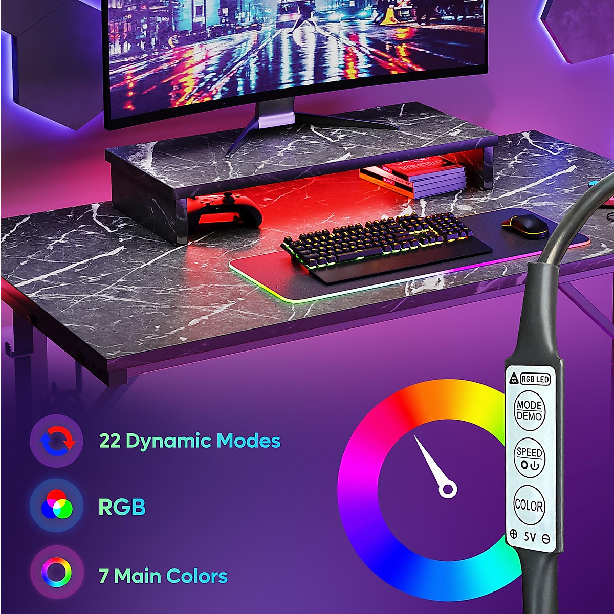 Bestier Gaming Desk with LED Lights, 42 inch Computer Desk with Monitor Stand Gamer Workstation with Cup Holder & Headset Hooks, Modern Simple Style Desk for Home Office, Black Marble