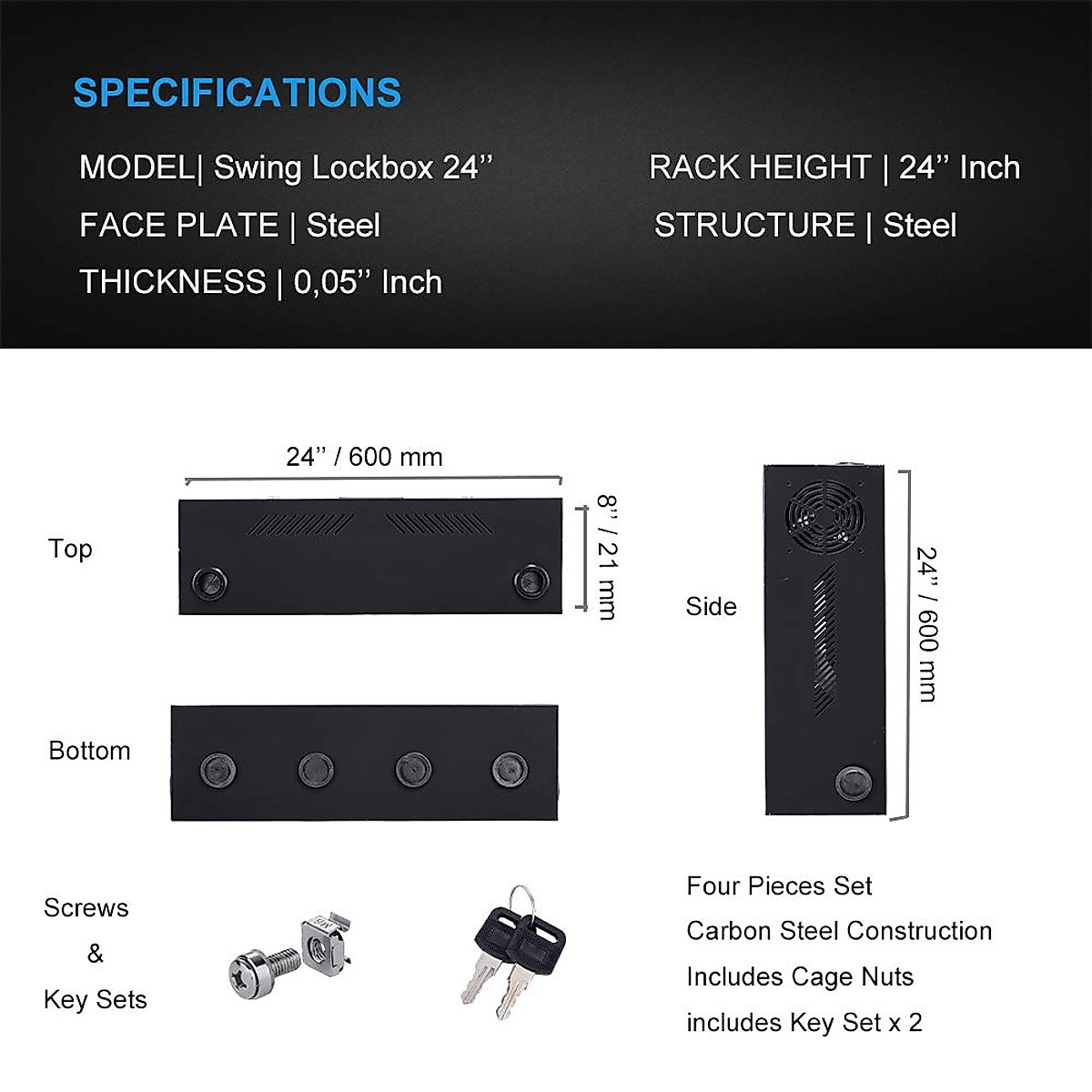 Kenuco Heavy Duty 16 Gauge Steel DVR Security Lockbox with Fan and Swing Open Top (24'' x 21'' x 8'' Black)